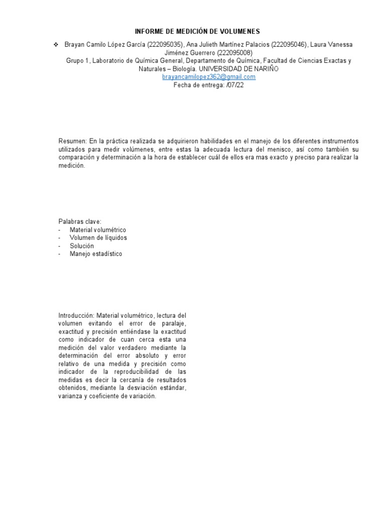 Informe de Medición de Volumenes en Proceso 1 | PDF | Medición | Volumen