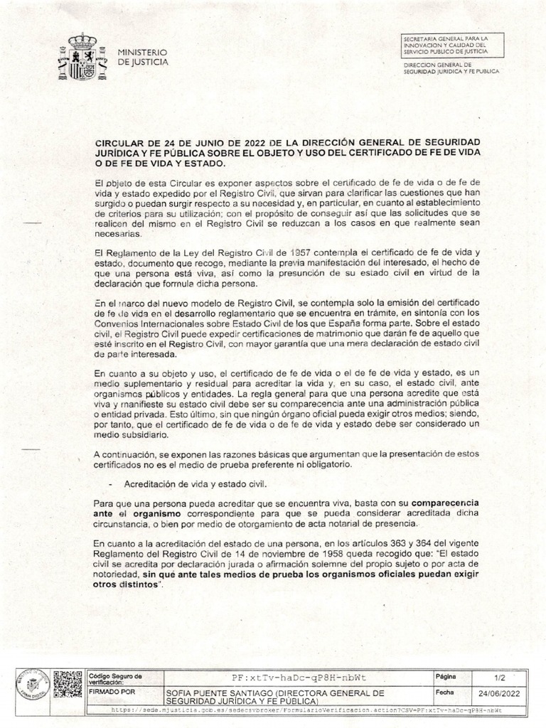 Circular Fe de Vida y Estado | PDF