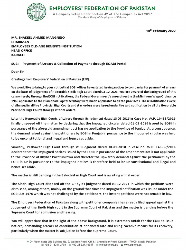 Letter To Chairman EOBI-02092022 | PDF | Justice | Crime & Violence