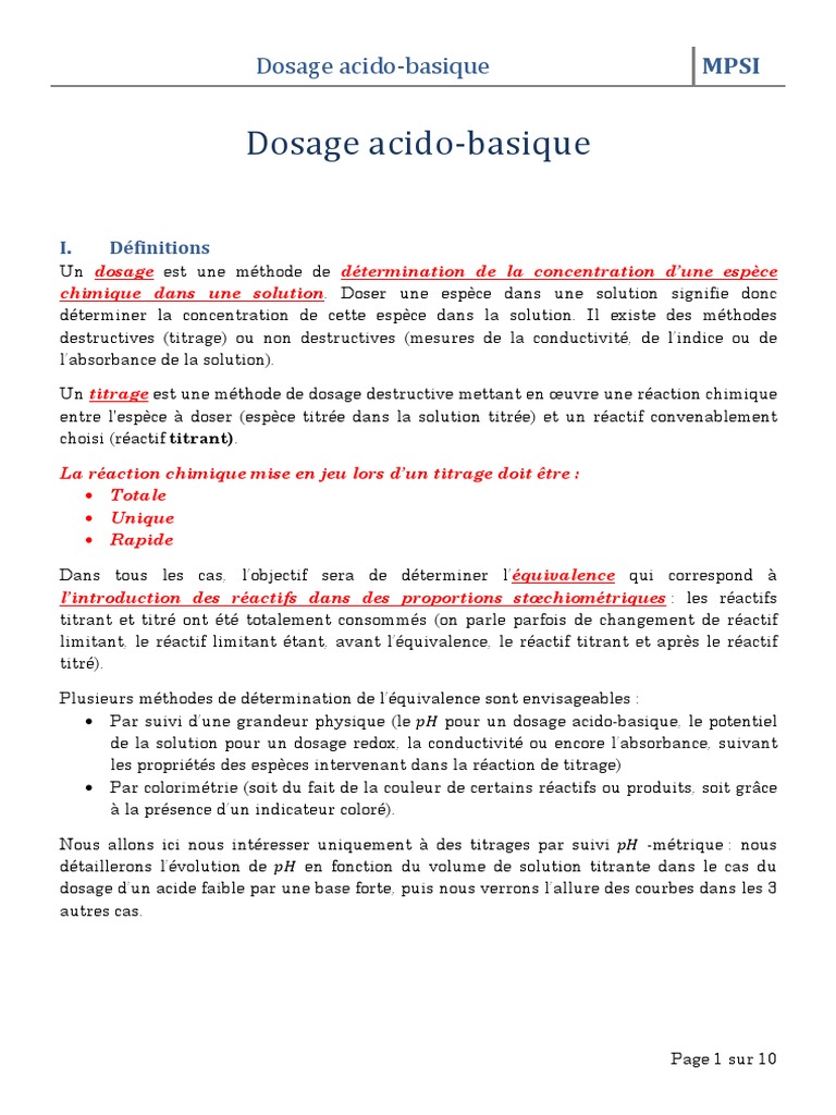 Cours Dosage Acido-Basique | PDF | Titrage | Chimie
