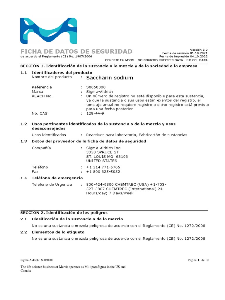 Sacarina Sódica EP Grado XRM. SDS (Merck) | PDF | Agua | Celsius