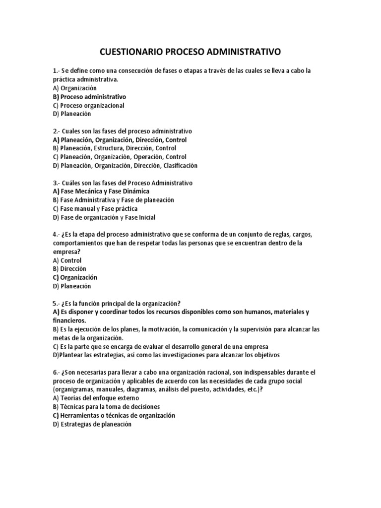 Cuestionario Proceso Administrativo | PDF | Planificación | Motivación