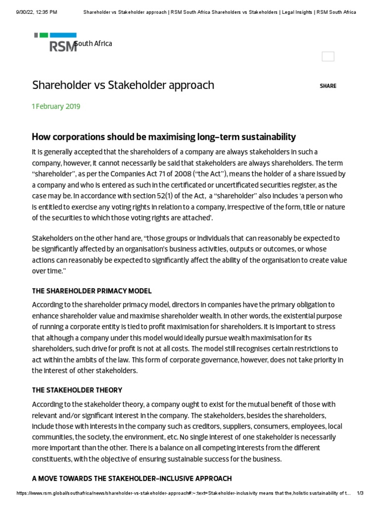 Shareholder Vs Stakeholder Approach - RSM South Africa Shareholders Vs ...