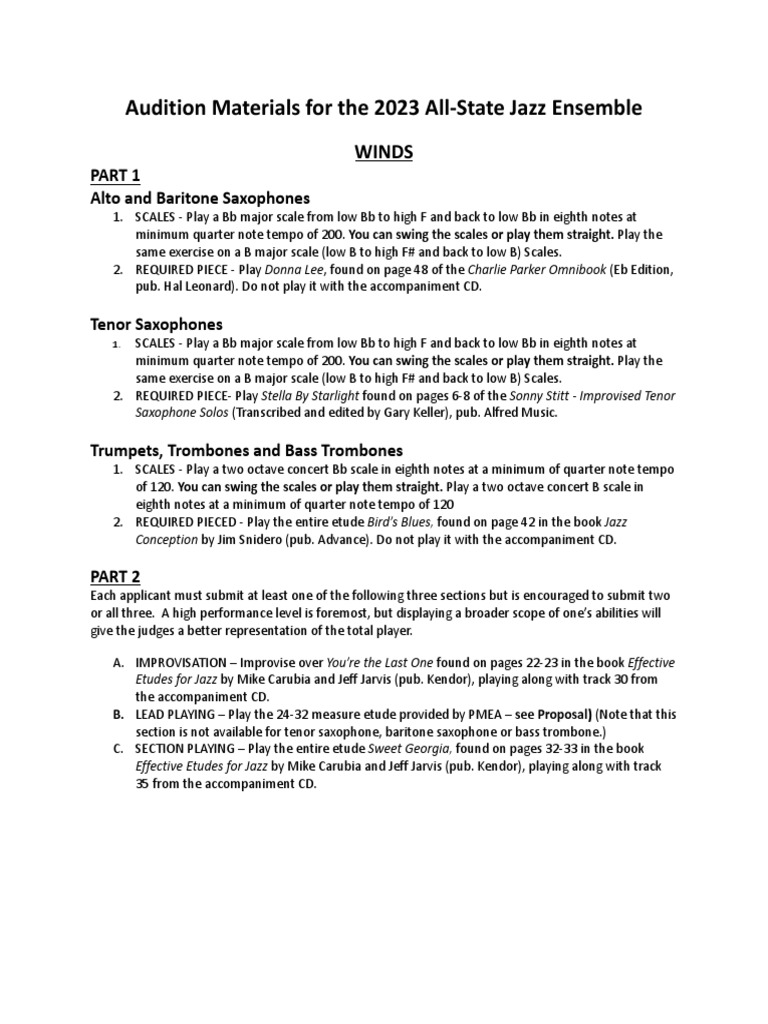 2023 Jazz Audition Materials 3 | PDF | Saxophone | Jazz