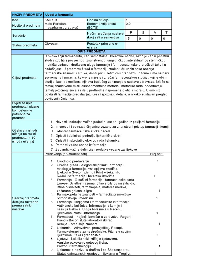 Uvod U Farmaciju - Opis I Sadržaj Predmeta | PDF