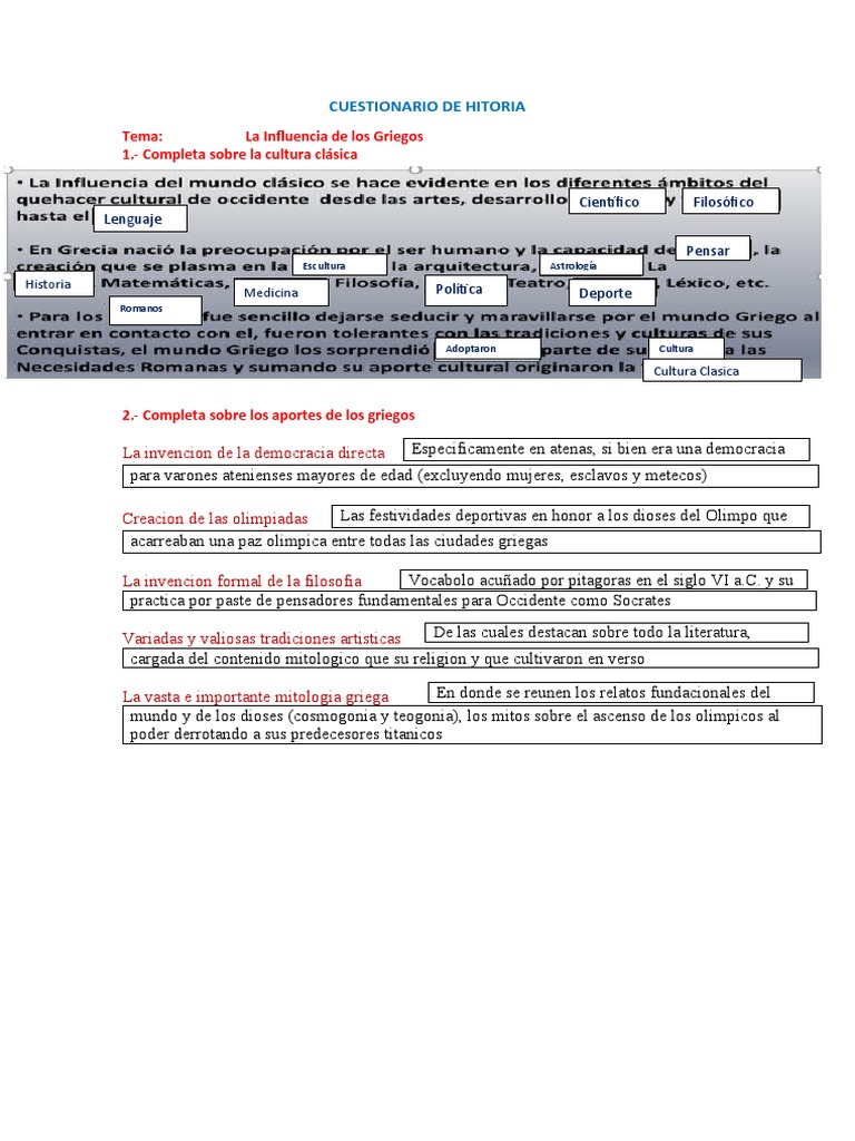 Cuestionario de Histor | PDF | Antigua Grecia | imperio Romano