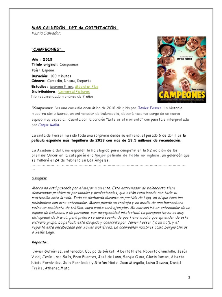 CAMPEONES cinefórum | PDF | Invalidez | Discapacidad intelectual