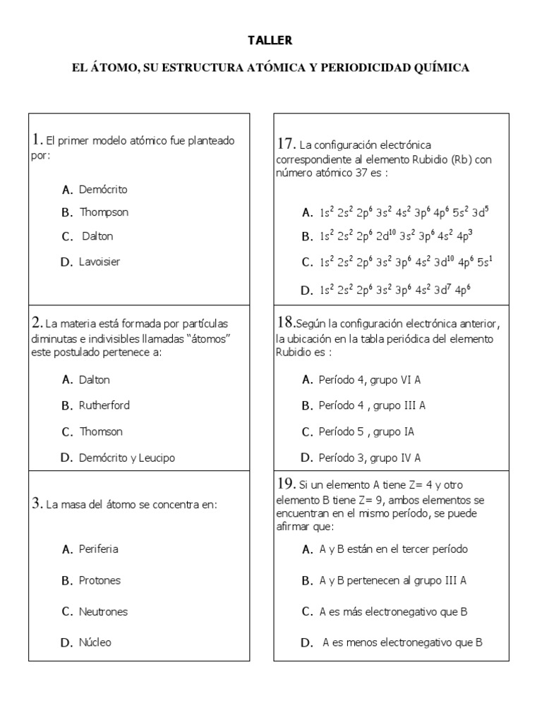 Taller Átomos y Tabla Periódica | PDF | Neutrón | Átomos