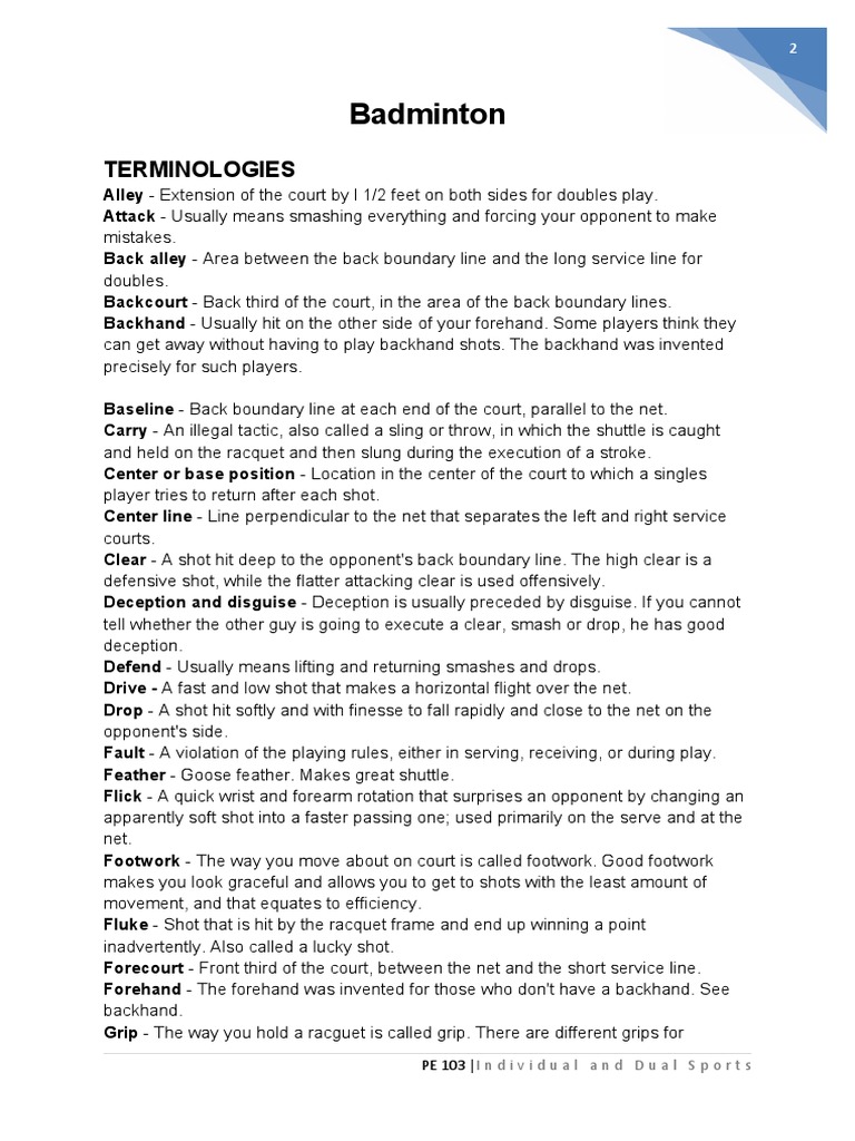 Badminton Terminologies | PDF | Athletic Sports | Sports