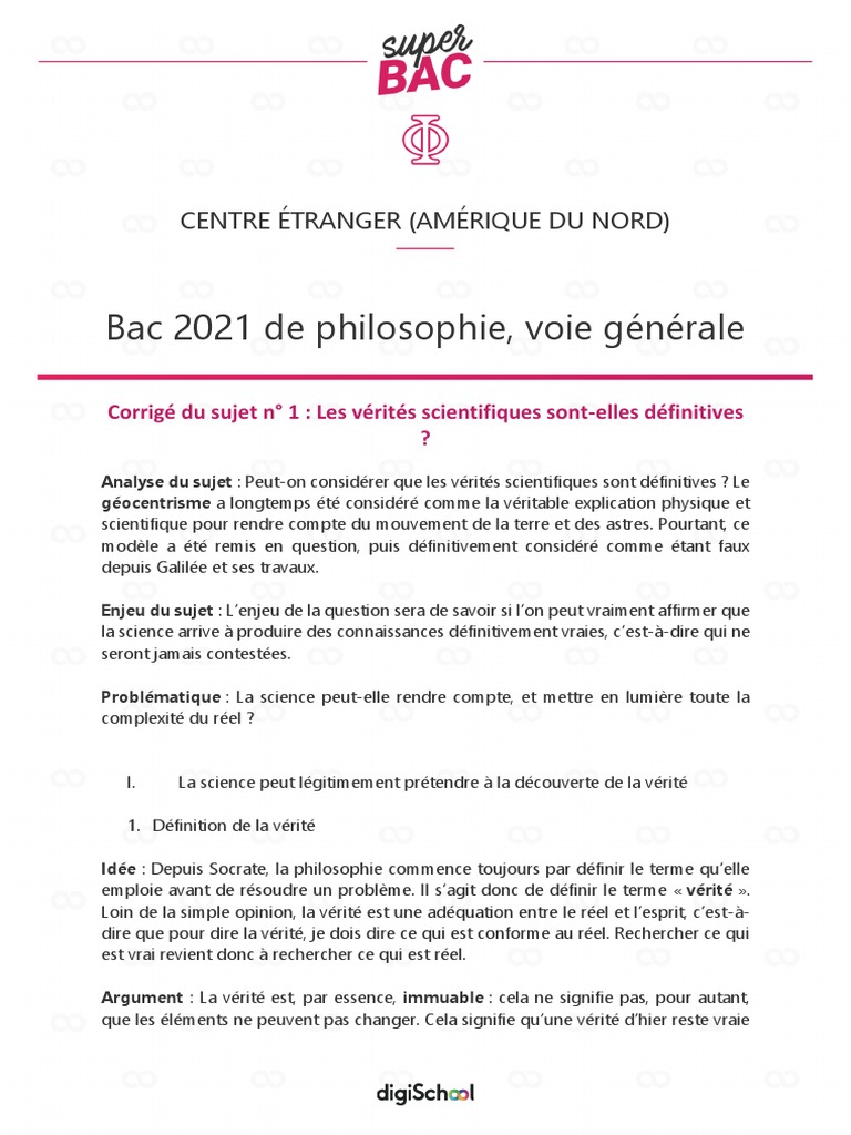 Corrige Sujets Philosophie Bac 2021 Amerique Nord 2 | PDF | Vérité | Science