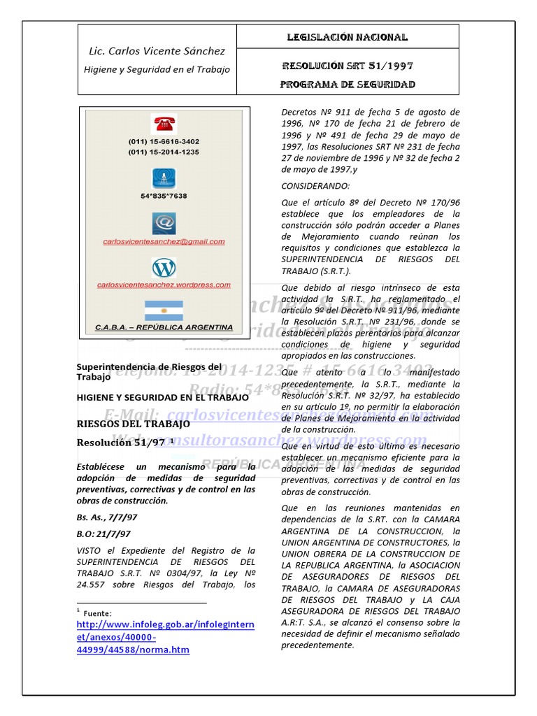 1997 Resolucion SRT 51 Programa de Seguridad | PDF | Seguridad y salud ocupacional