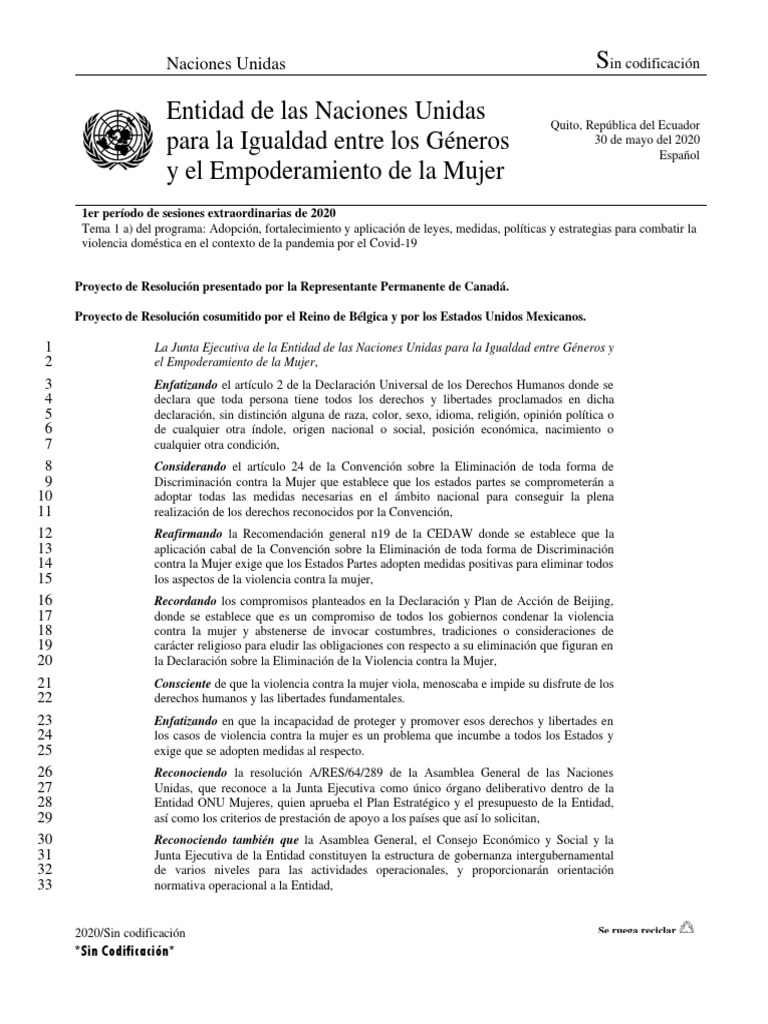 Ejemplo de Anteproyecto de Resolución - ONU MUERES | PDF Ejemplo de Anteproyecto de Resolución - ONU MUERES | PDF