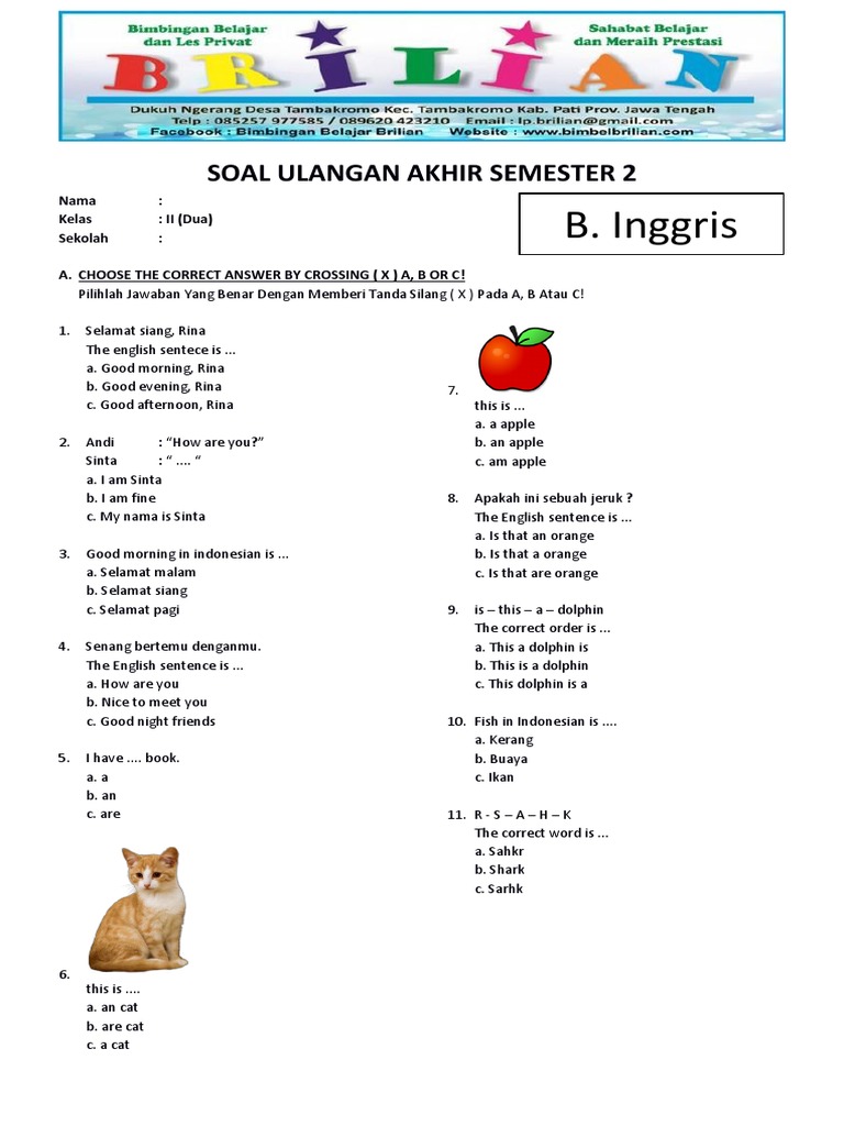 Soal UAS Bahasa Inggris Kelas 2 SD Semester 1 (Ganjil) Dan Kunci Jawaban | PDF