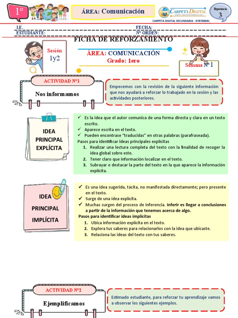 1° Ficha de Reforzamiento - Sesion 1 y 2 - Semana 1 - Comunicacion | PDF