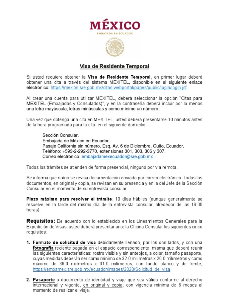 Visa de Residente Temporal | PDF | Visa de viaje | México