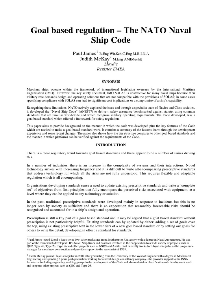 Goal Based Regulation - The Nato Naval Ship Code: Paul James Judith ...
