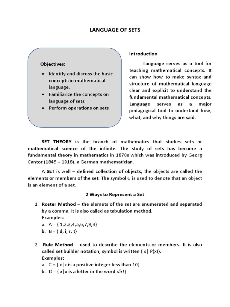 MODULE 4 - Language of Sets | PDF | Set (Mathematics) | Mathematics