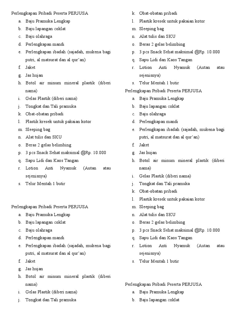 Perlengkapan Pribadi Peserta PERJUSA | PDF