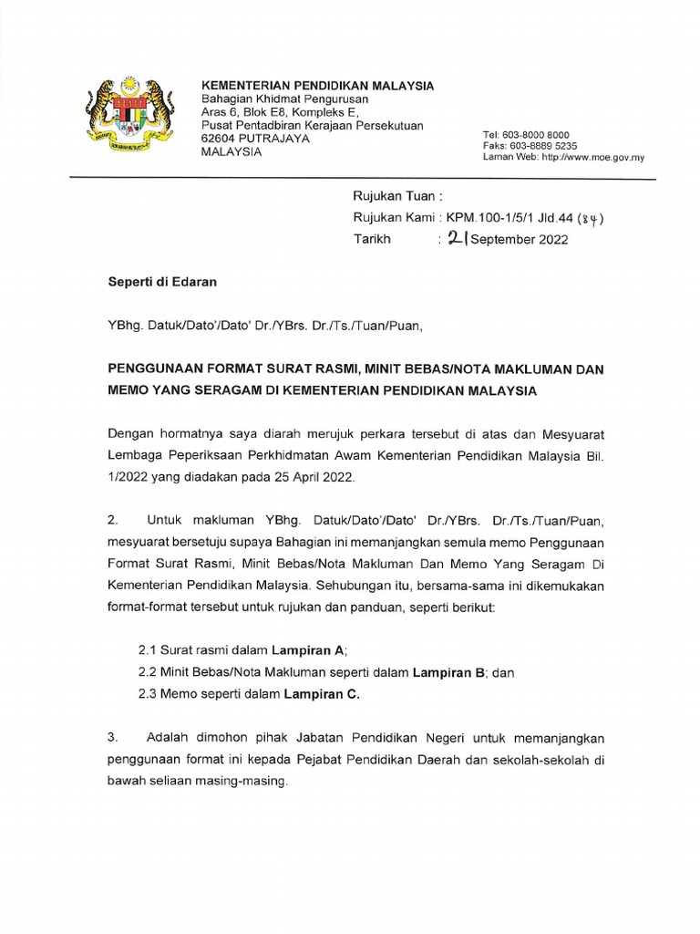 Penggunaan Format Surat Rasmi, Minit Bebas, Nota Makluman Dan Memo | PDF