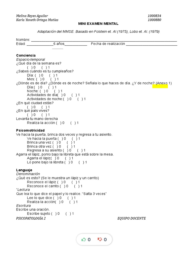 Evaluación Cognitiva Infantil: Mini Examen Mental | PDF | Cognición | Procesos mentales