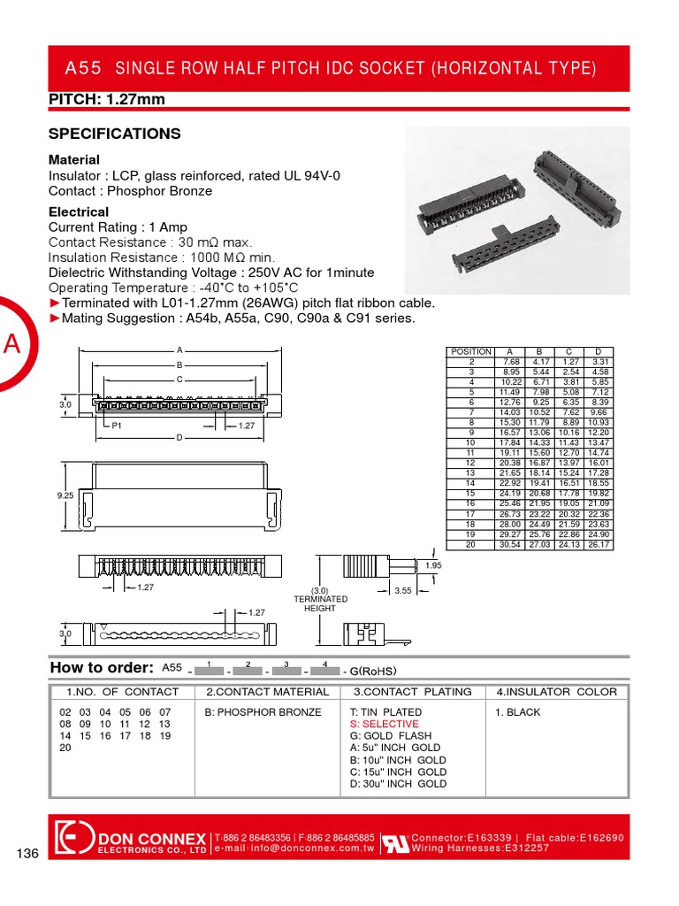 A55 Single Row Half Pitch Idc Socket (Horizontal Type) A55A Single Row ...