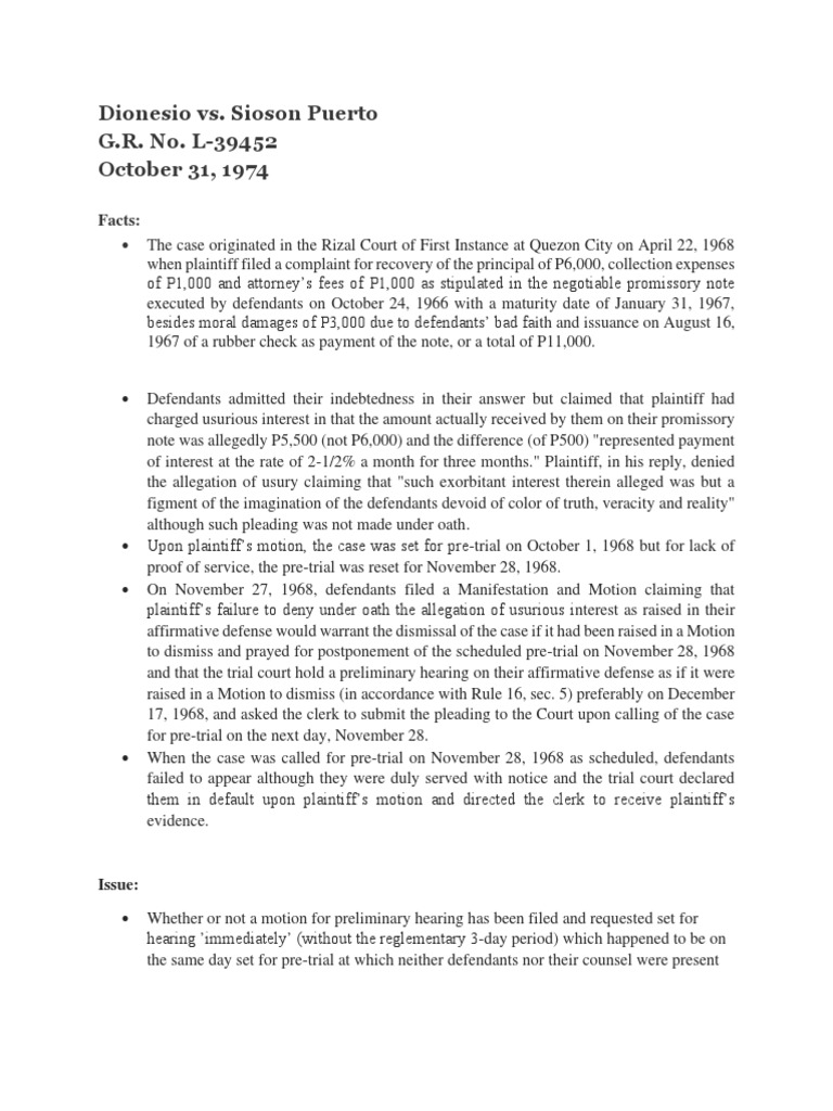 Dionesio v. Sioson Case Summary | PDF | Pleading | Interest