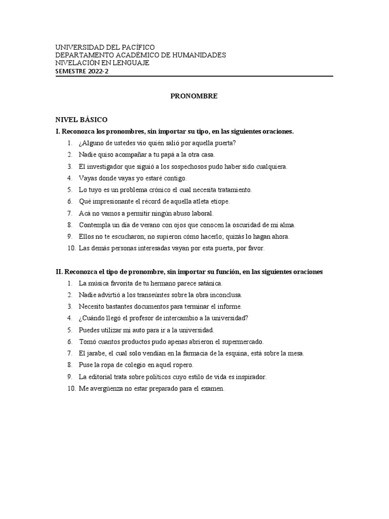 Pronombre, Ejercicios | PDF