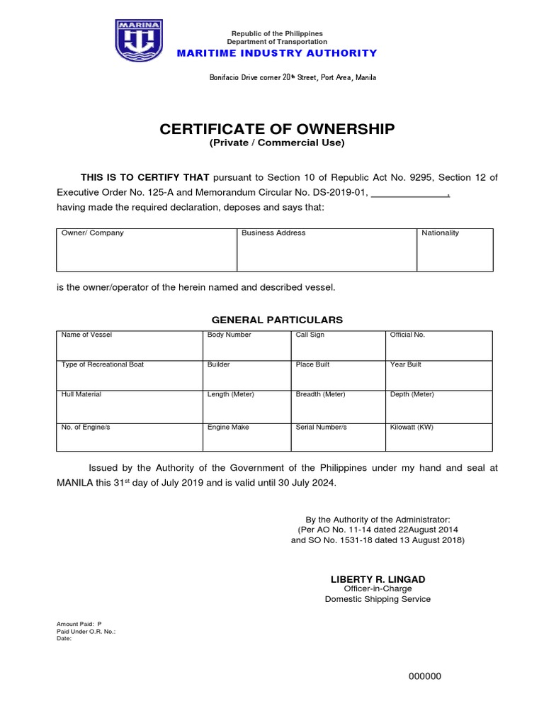 Certificate of Ownership Recreational | PDF | Water Transport | Shipping