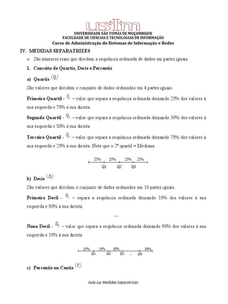 Aula 04 - Medidas Separatrizes | PDF | Percentual | Mediana (Estatística)