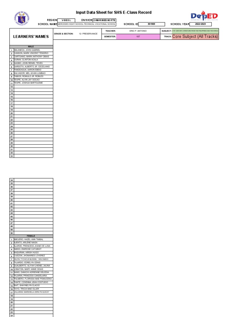 GRADE 12- PERSERVANCE (21ST)SHS E-Class Record - Copy | PDF