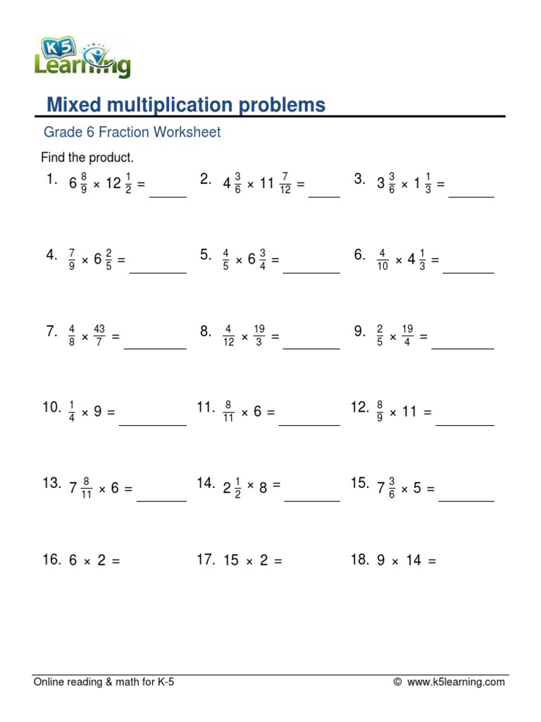 Grade 6 Fractions Mixed Multiplication Practice A | PDF