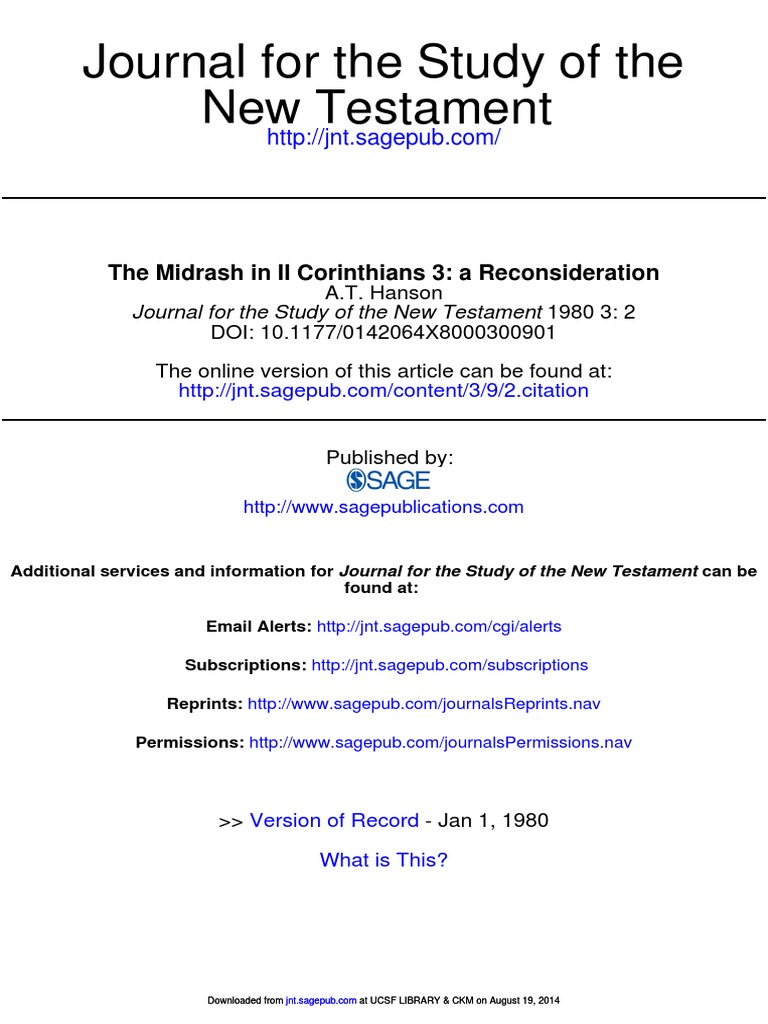 (A. T. Hanson) The Midrash in 2 Corinthians 3. A Reconsideration ...