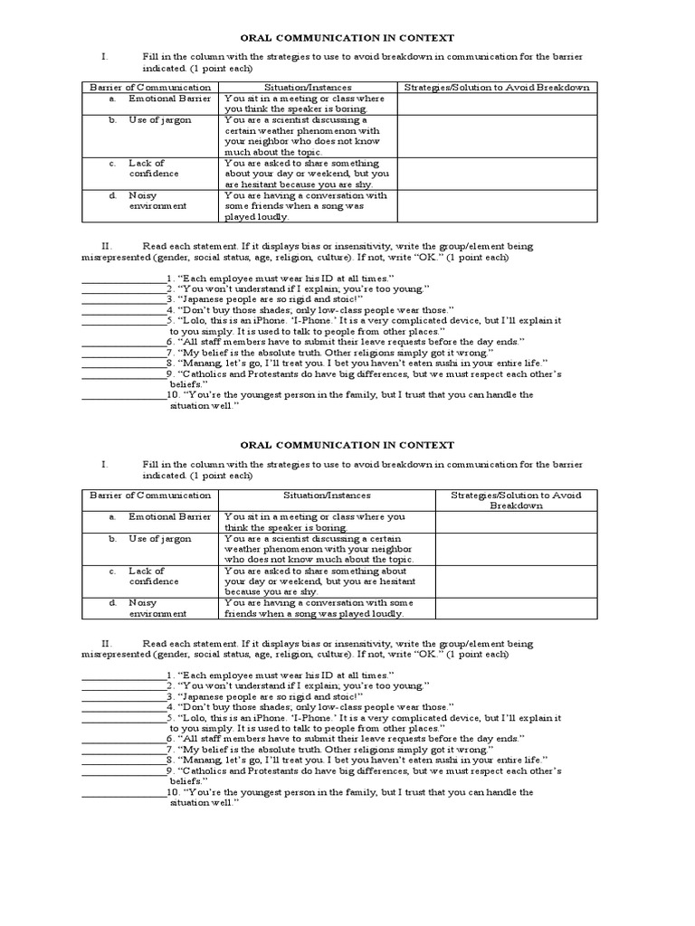 Worksheet Oral Comm | PDF | Communication | Truth
