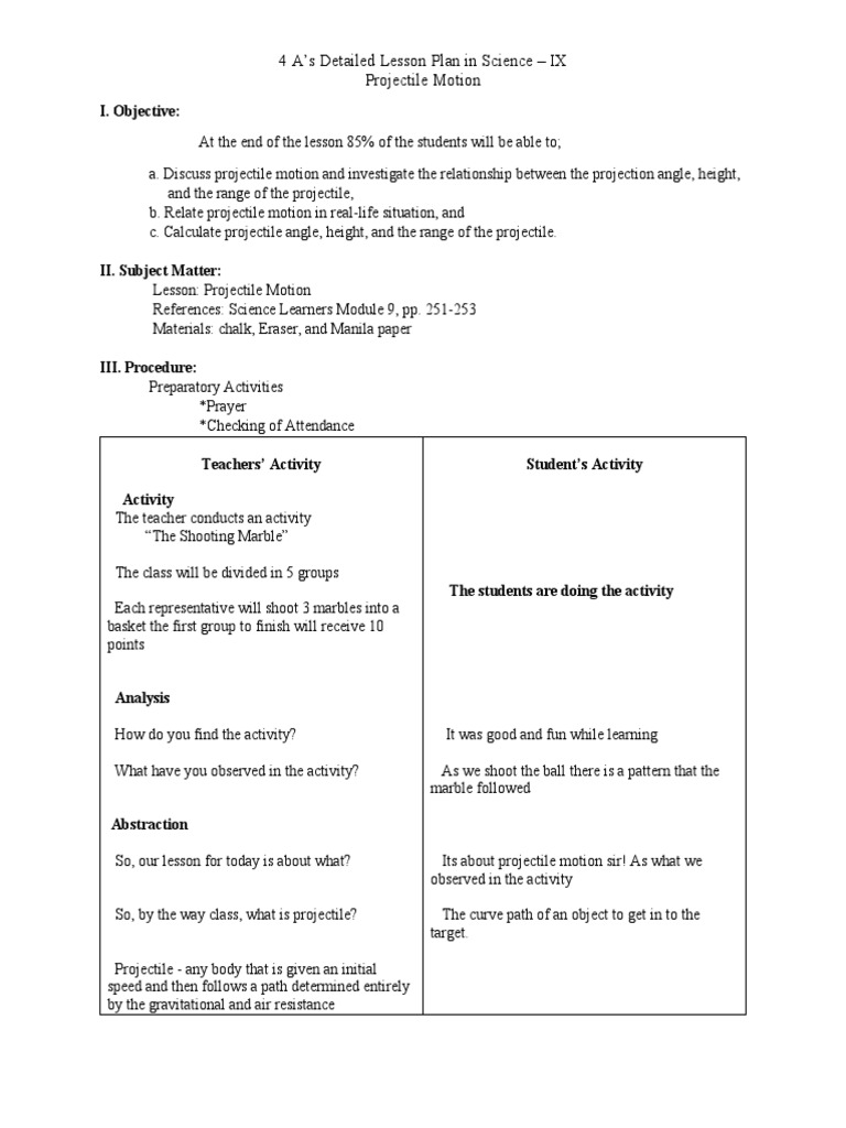 Lesson Plan: Projectile Motion in Science | PDF