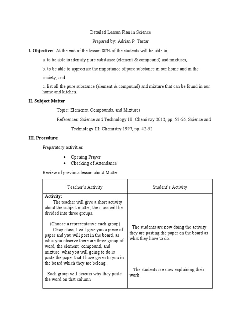 Detailed Lesson Plan in Science | PDF | Chemical Substances | Chemical ...