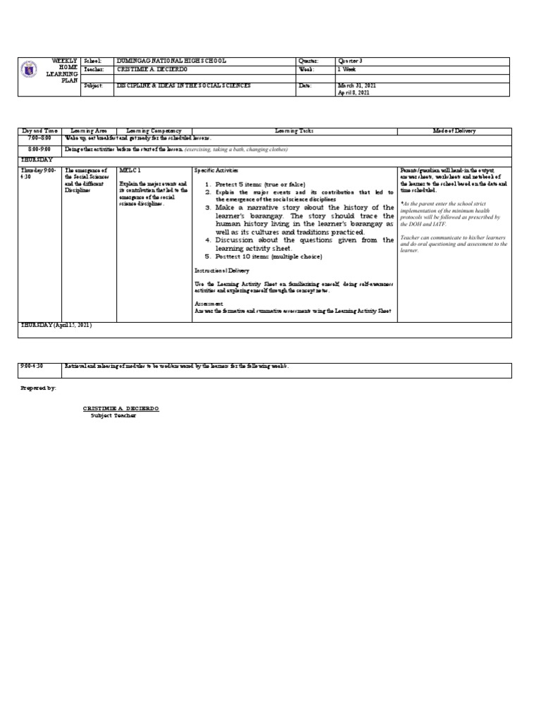 Weekly Learning Plan for Social Sciences | PDF | Learning | Teachers
