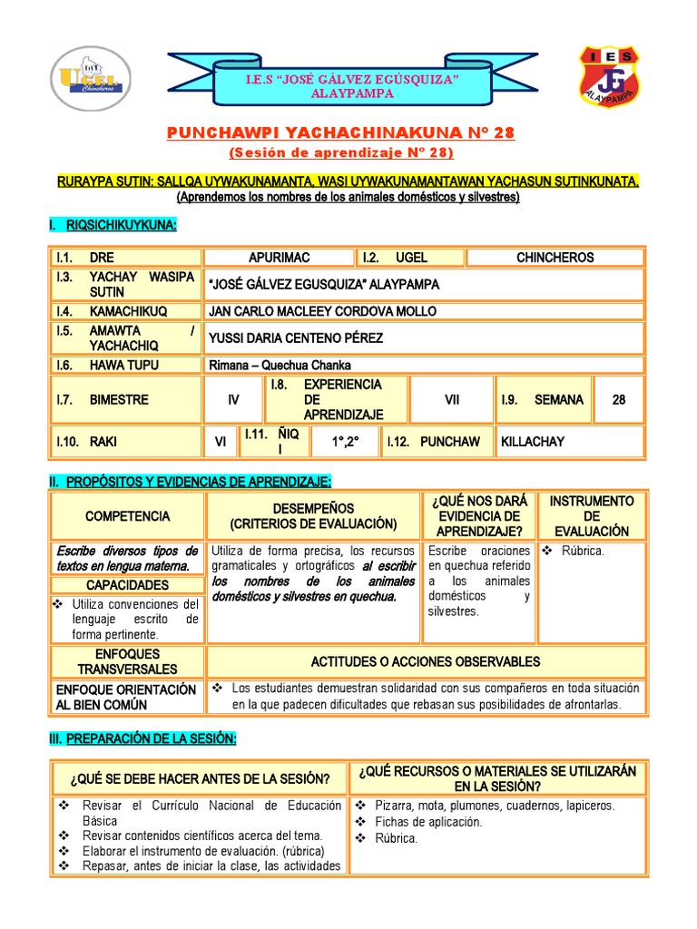 Sesión de Aprendizaje #28 - 1°,2° - Quechua | PDF | Aprendizaje | Ciencia cognitiva