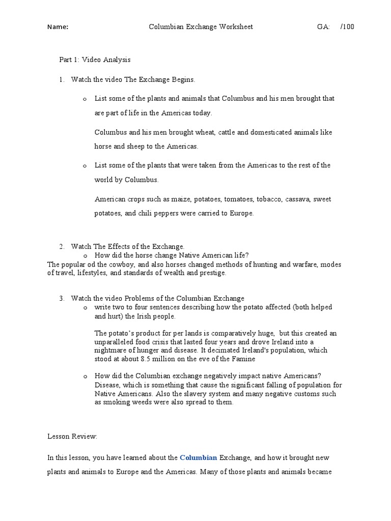 Columbian Exchange Worksheet | PDF | Food And Drink | Agriculture