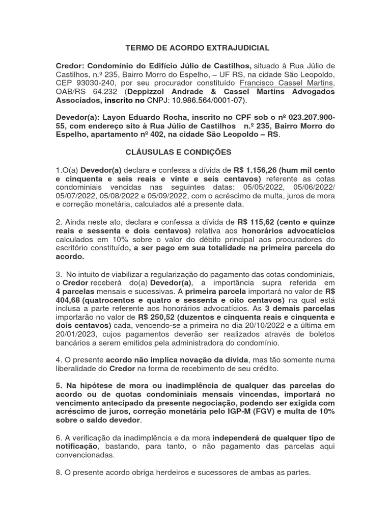 Termo de Acordo Extrajudicial de Cobrança de Condomínio | PDF ...