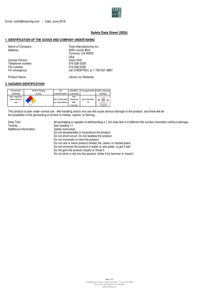 Totex Lithium Ion Battery SDS | PDF | Manganese | Water