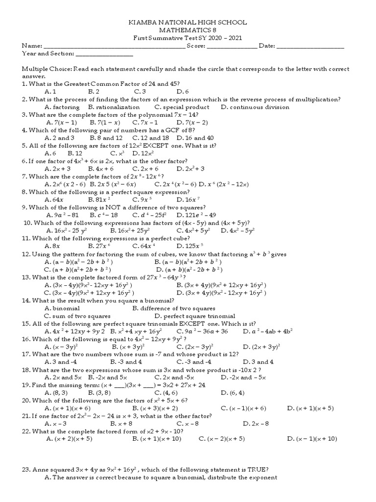 Grade 8 Math 1st Quarter Test | PDF | Mathematics | Algebra