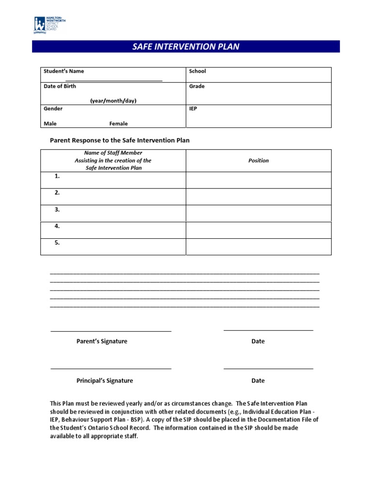 Safe Intervention Plan Template | PDF | Individualized Education ...