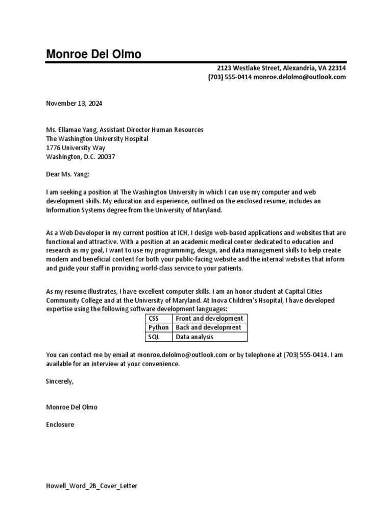 Howell Word 2B Cover Letter | PDF | Career & Growth