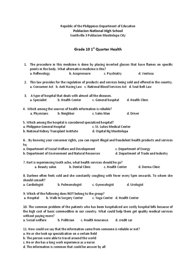 Grade 10 Health 1st Quarter Exam | PDF | Hospital | Medicine
