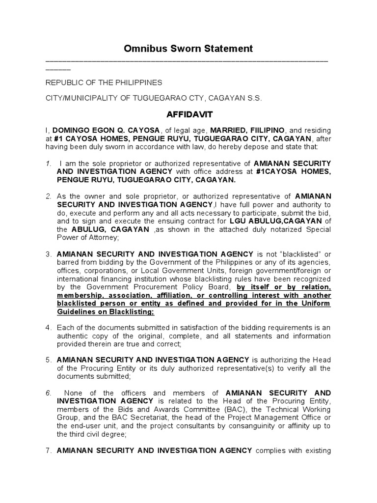 Omnibus Sworn Statement: Affidavit of Compliance and Non-Blacklisting ...