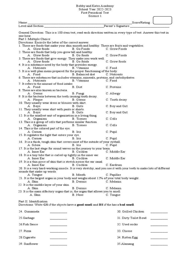 GR. 1 Science Long Test | PDF | Foods | Ear
