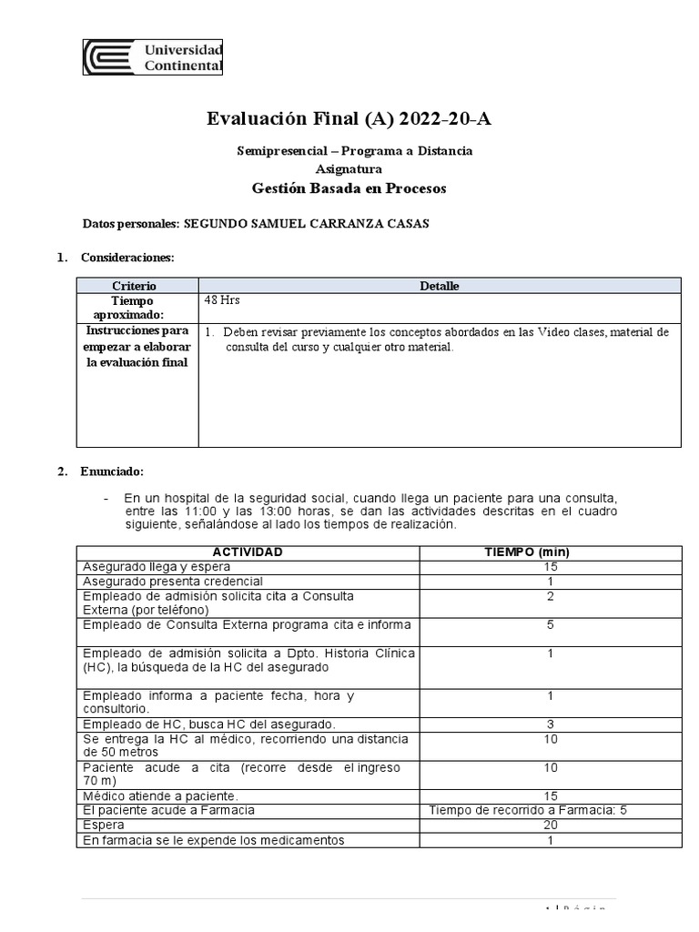 Examen Final - Gestión Basada en Procesos 2022-20A | Descargar gratis PDF | Farmacia | Hospital