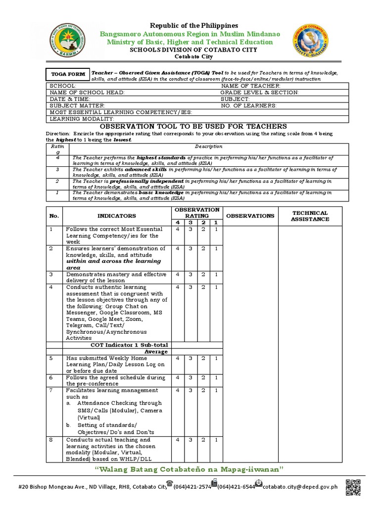 TOGA Form Observation Tool | PDF | Learning | Teachers