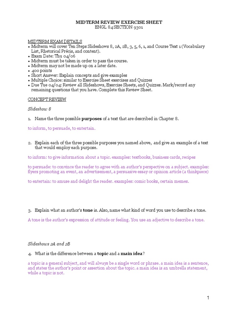 Midterm Review Exercise Sheet 9301 Answers 1 | PDF | Part Of Speech | Venus