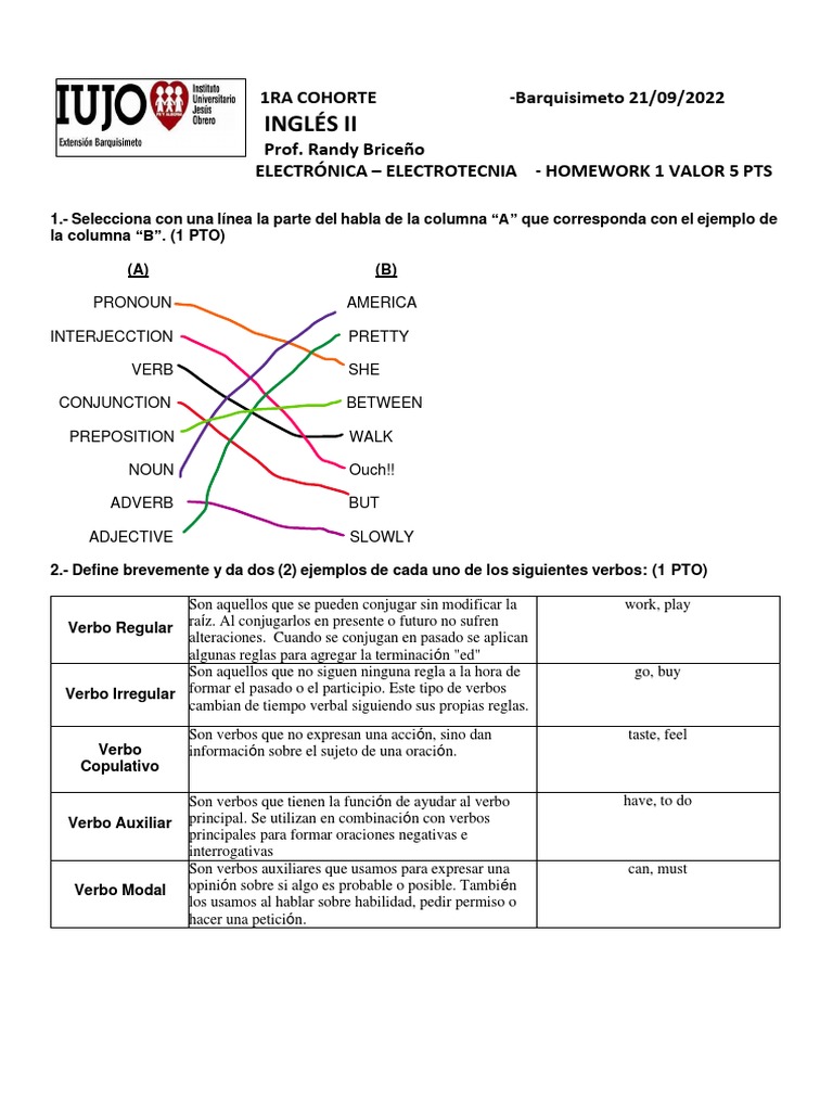 HOMEWORK 1 Ingles 2 | PDF | Verbo | Mecánica del lenguaje